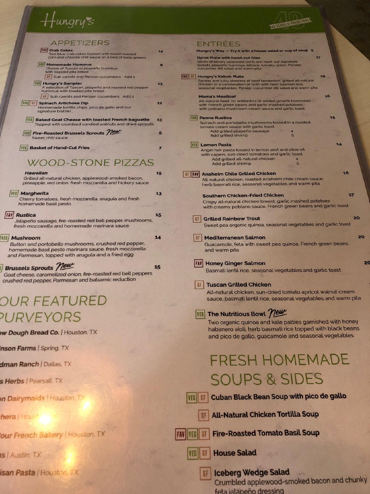 Carta del restaurante Hungry's, Houston, Memorial Dr