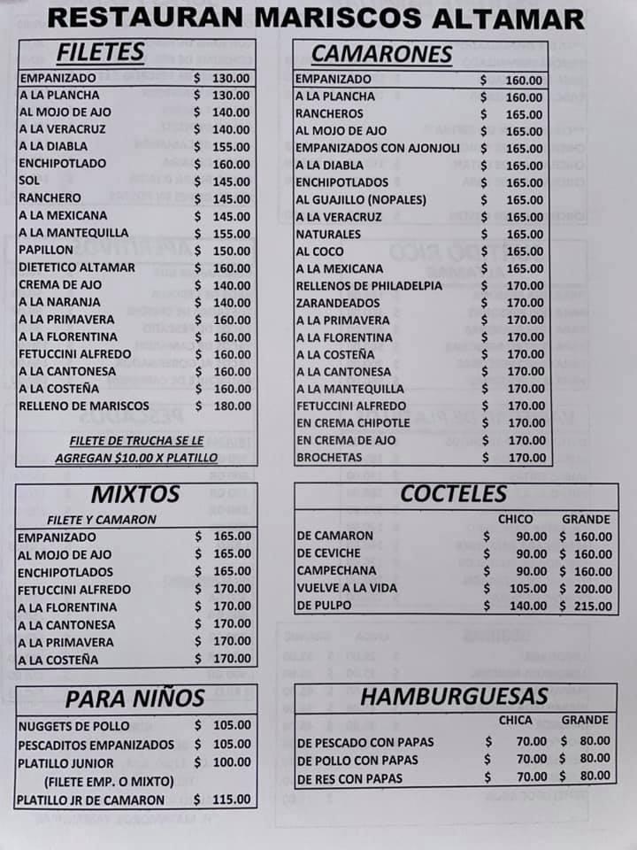 Menu at Mariscos Altamar Restaurant, Matamoros