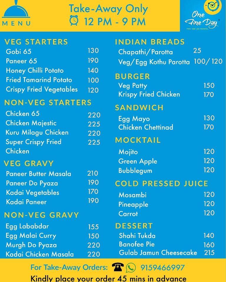 Menu at One Fine Day, Erode