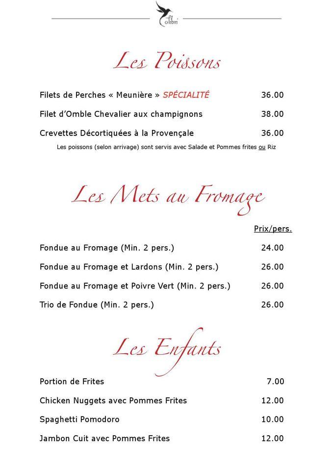 Carta de Restaurant Colibri, Port-Valais