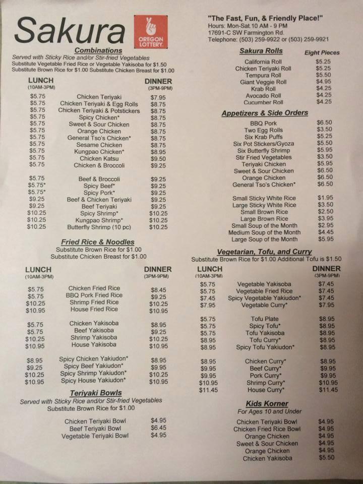 Menu at Sakura Asian Fusion restaurant, Beaverton