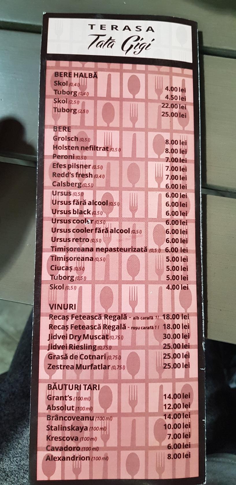 Menu at Tata Gigi, Bucharest