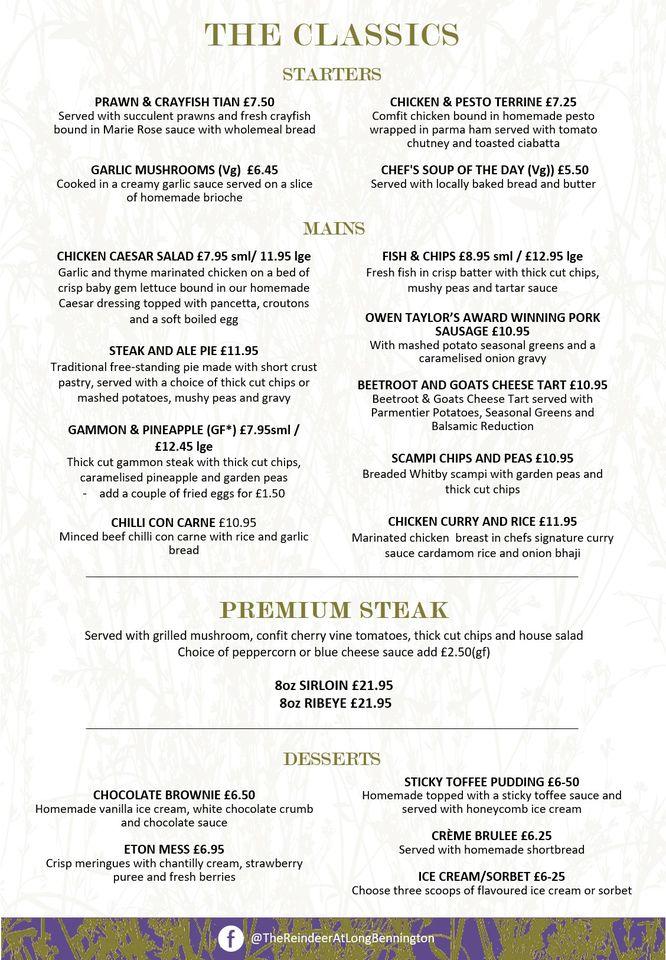 Menu at The Reindeer at Long Bennington pub & bar, Long Bennington