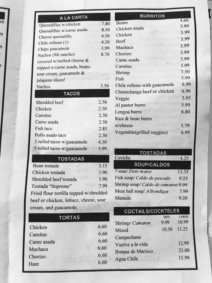 Menu at Villa Del Mar restaurant, Ukiah, 111 S State St