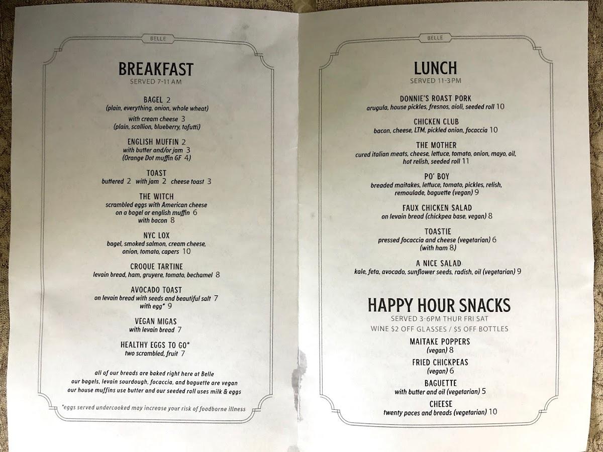 Menu at Belle restaurant, Charlottesville