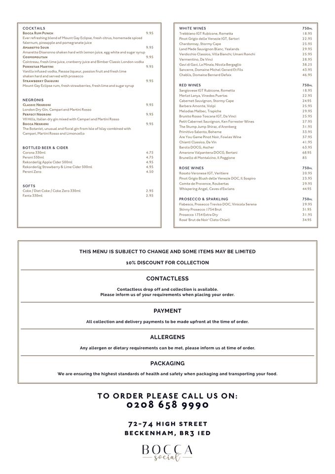 Menu at Bocca Social restaurant, Beckenham