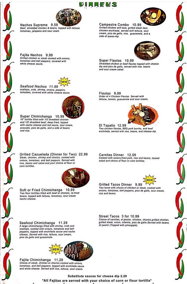 Menu at El Campestre restaurant, Ontario
