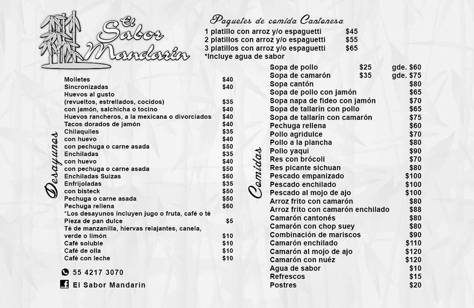 Menu at El Sabor Mandarin restaurant, Mexico City