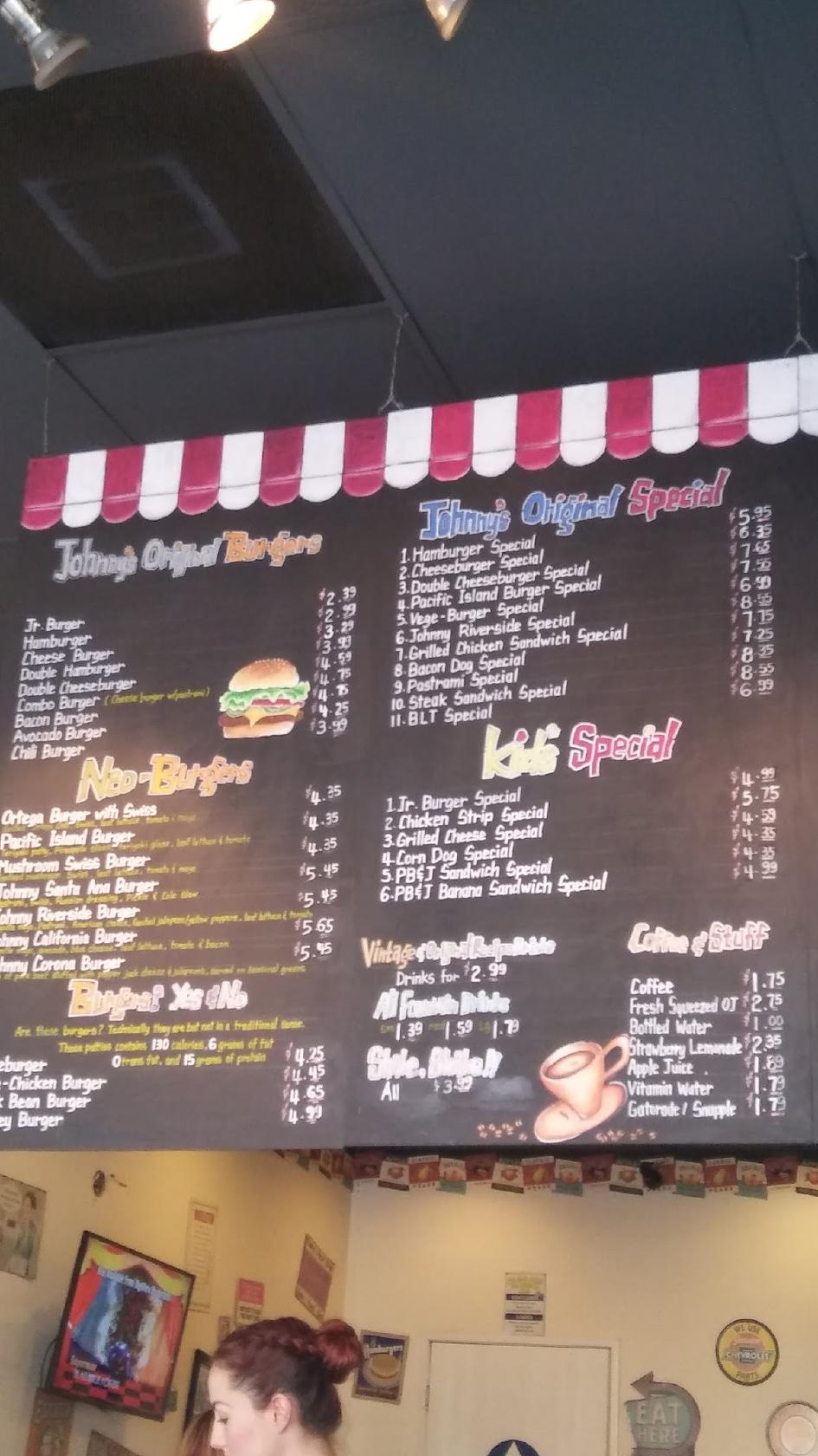 Menu at Johnny's Burgers restaurant, Riverside, Riverside Plaza Dr