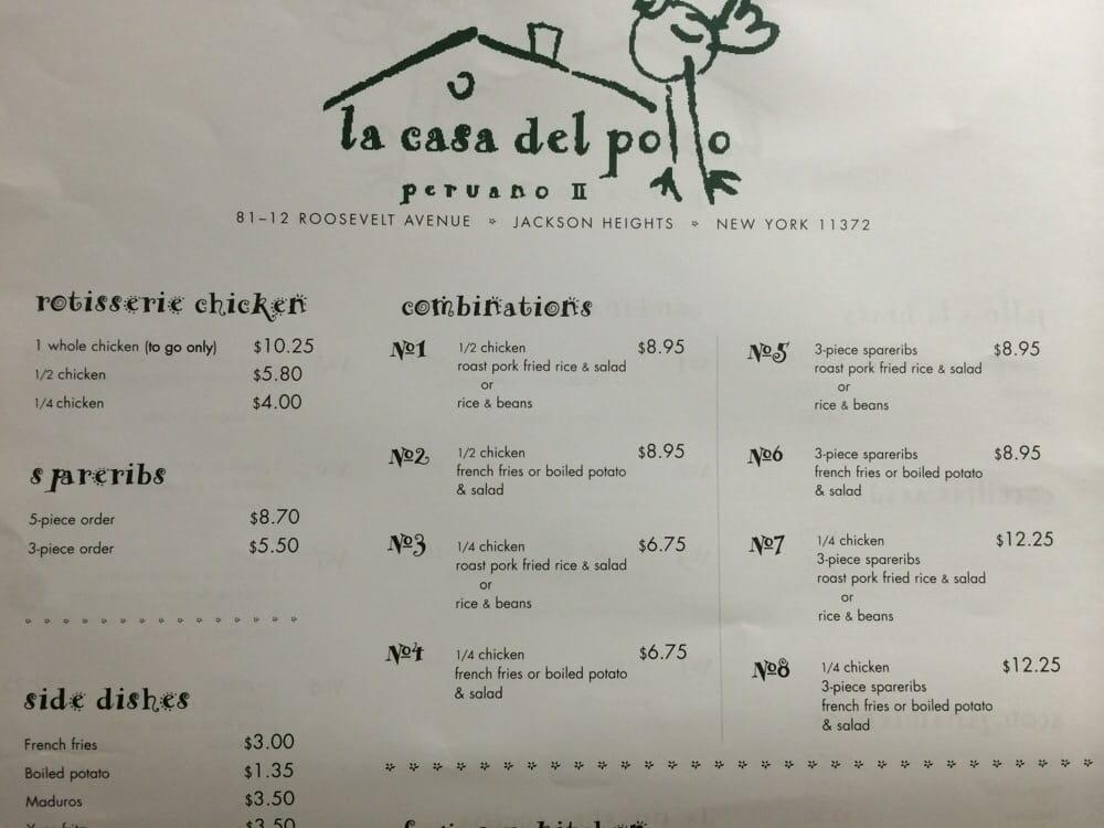 Menu at La casa del pollo peruano restaurant, New York City, Roosevelt Ave