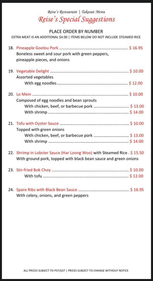 Menu at Reise's Restaurant, Sudbury