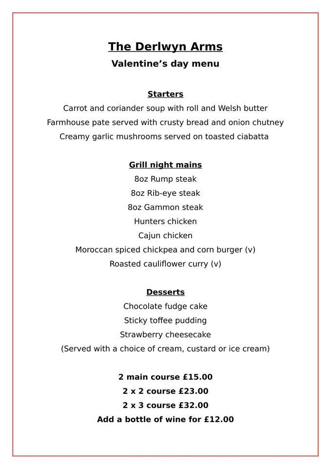 Menu at The Derlwyn Arms restaurant, Upper Brynamman