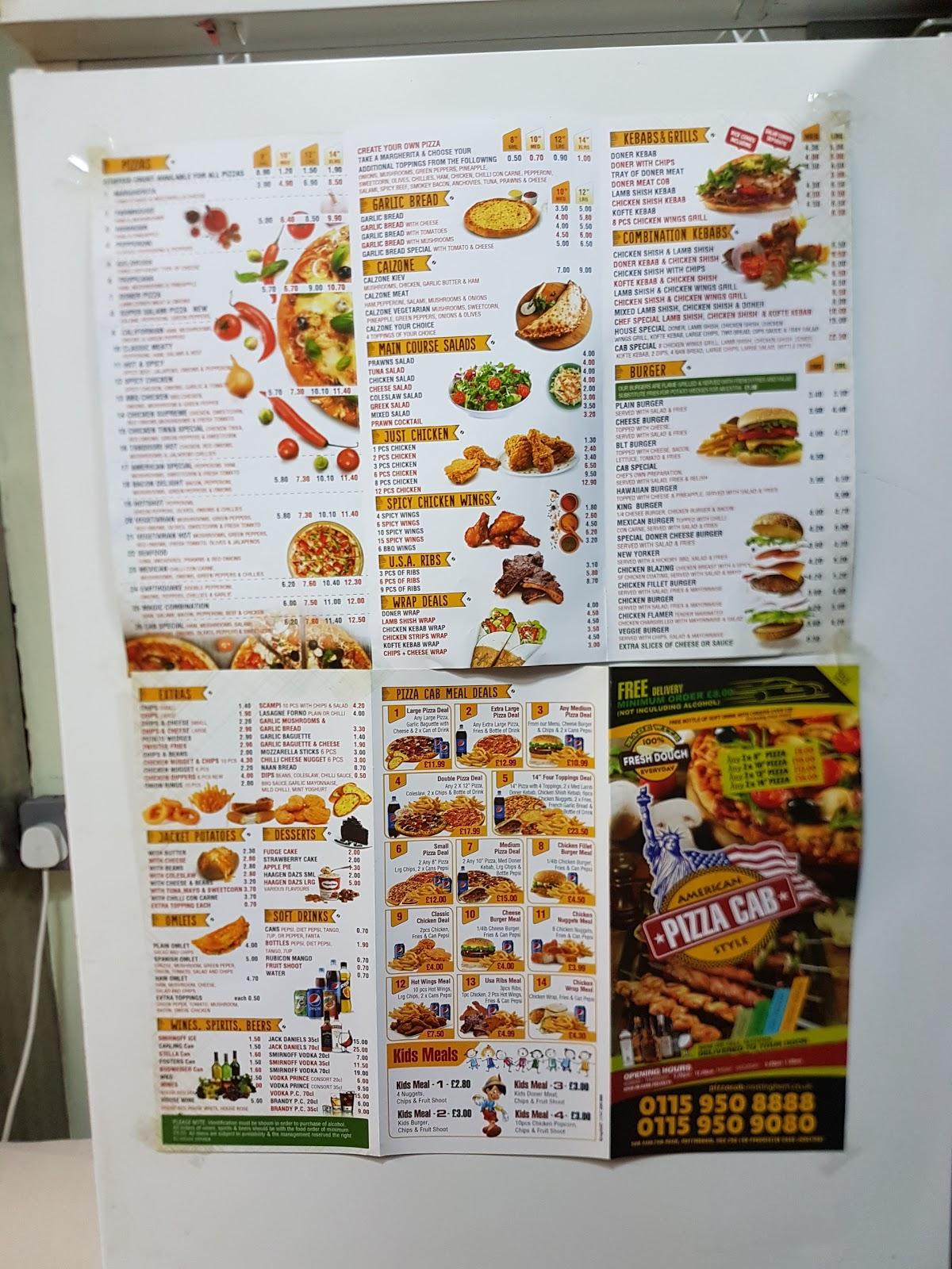 Menu at Pizza Cab pizzeria, Nottingham
