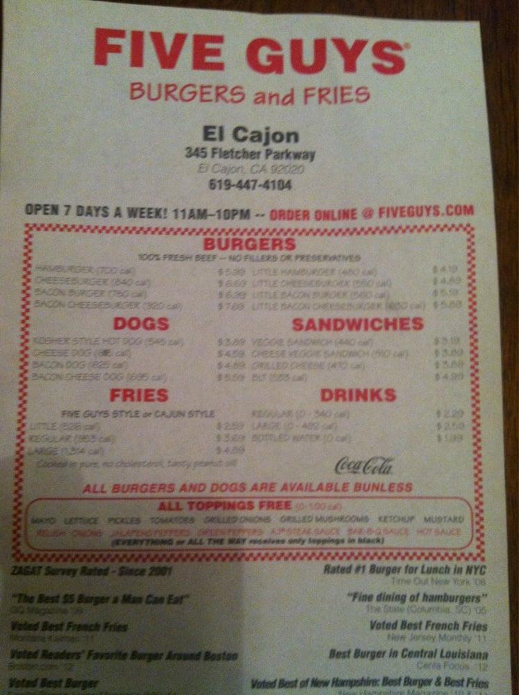 Menu at Five Guys fast food, El Cajon, 345 Fletcher Pkwy