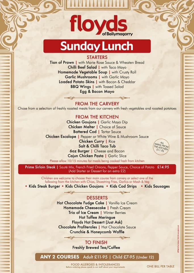 Menu at Floyds restaurant, Strabane