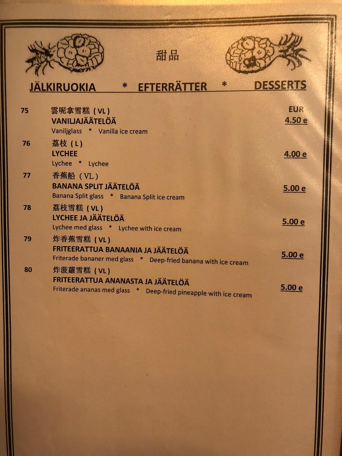Menu at Nanking restaurant, Helsinki