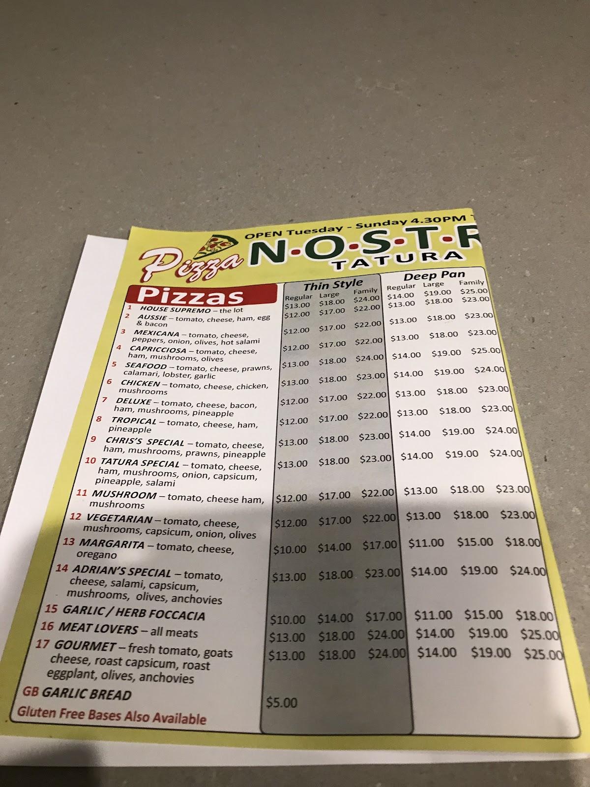 Menu at Pizza Nostra restaurant, Tatura