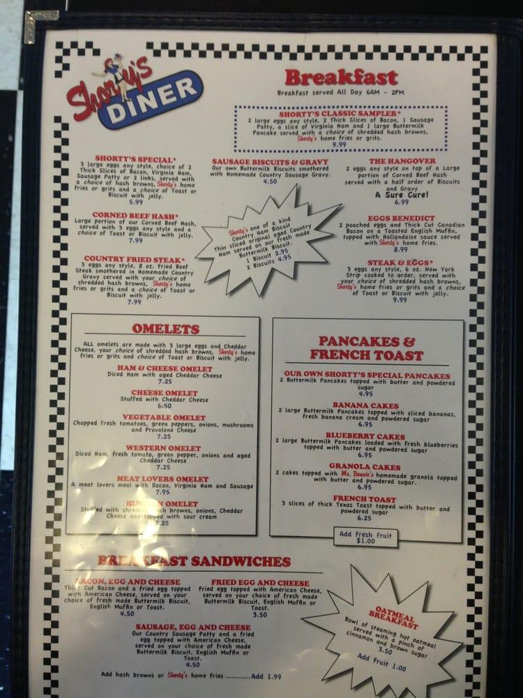 Menu at Shorty's Diner restaurant, Williamsburg