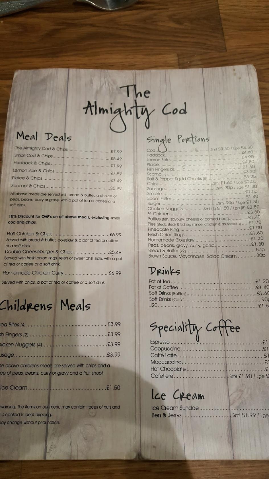 Menu at The Almighty Cod cafe, Hartlepool