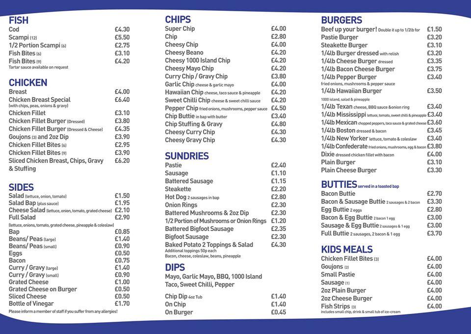 Menu at Viking Chippy restaurant, Larne