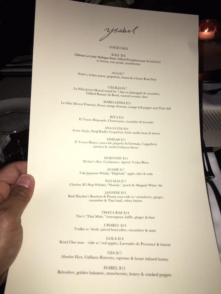Menu at Ysabel pub & bar, West Hollywood