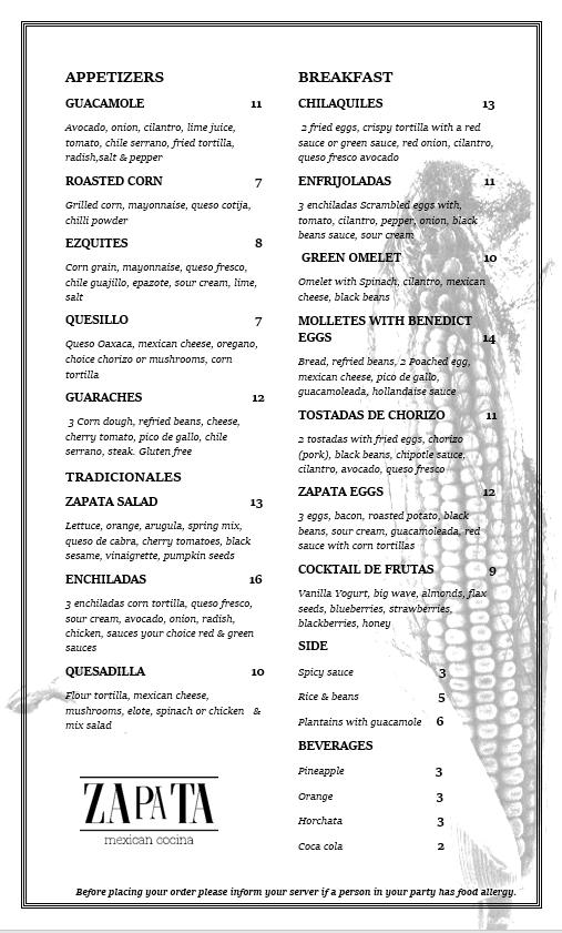 Menu at ZAPATA MEXICAN COCINA restaurant, Fitchburg