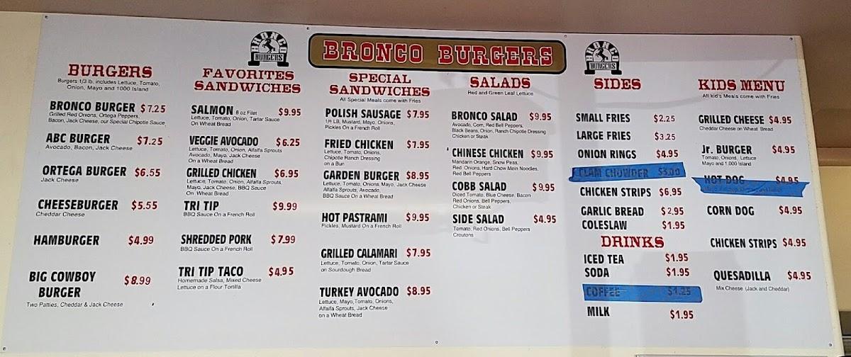 Menu at Bronco Burger restaurant, Paso Robles