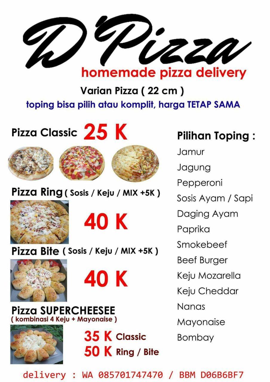 Menu at DPizza restaurant, Semarang