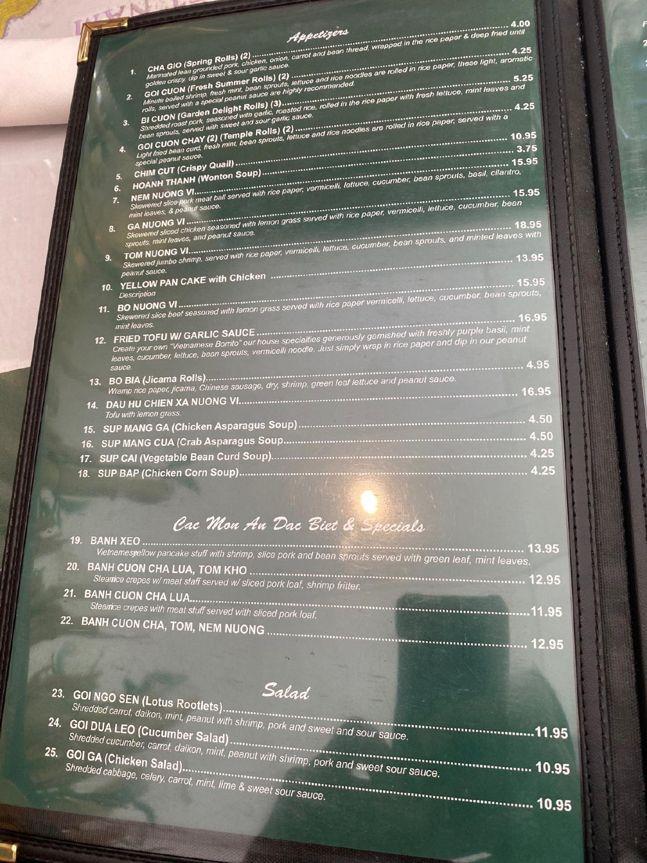 Menu at Lang Van restaurant, Charlotte