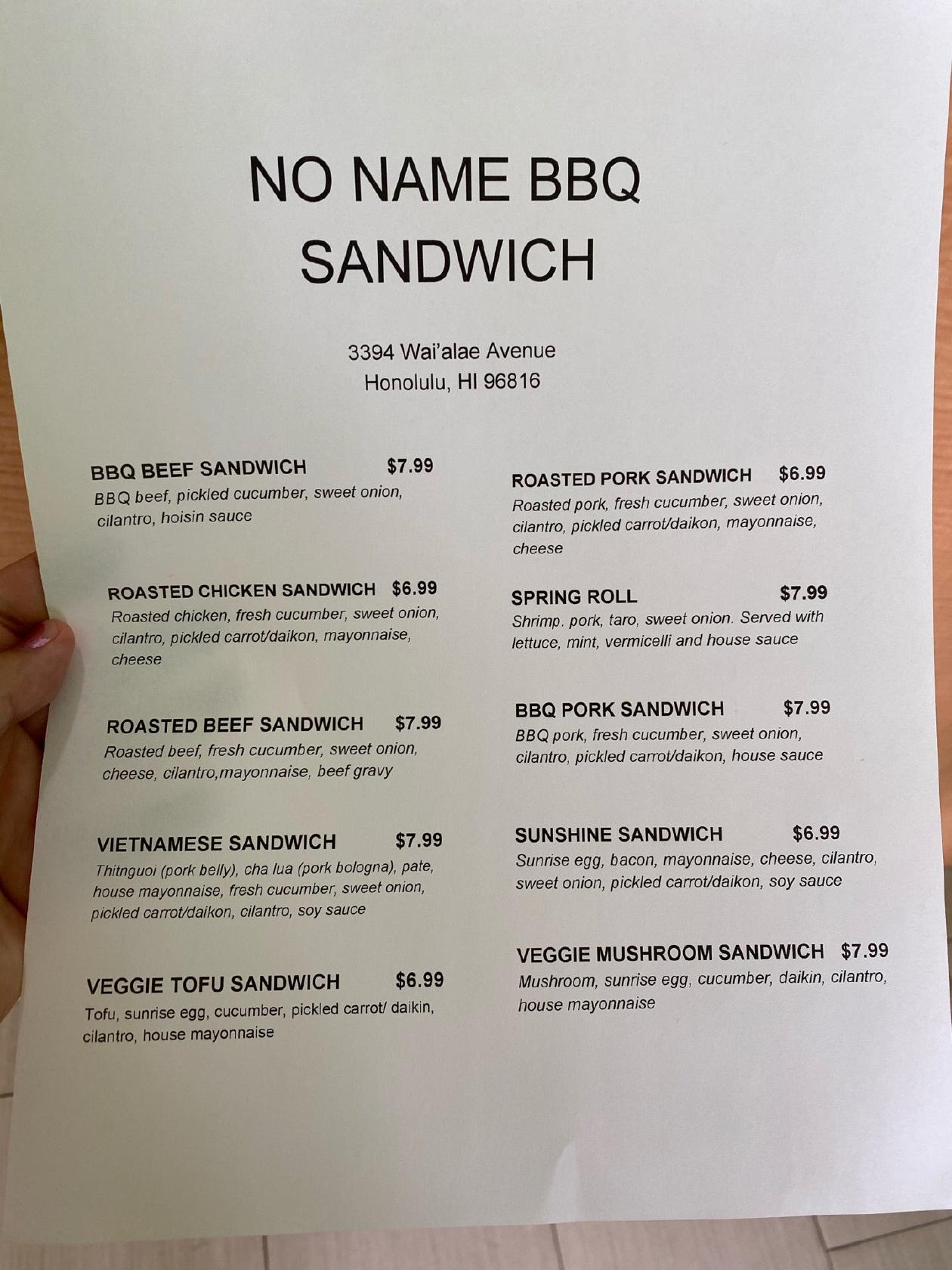 Menu at No Name BBQ Sandwich, Honolulu