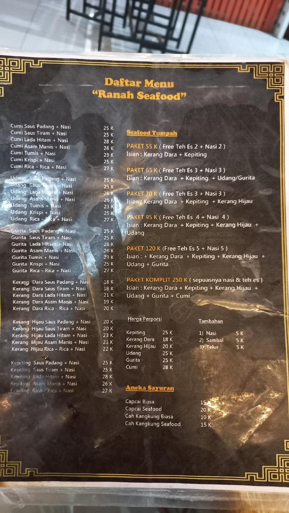Menu at Mamil resto/Ranah seafood restaurant, Pekanbaru