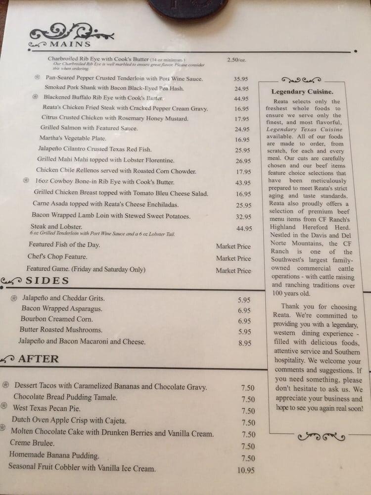 Menu at Reata Restaurant, Fort Worth, 310 Houston St