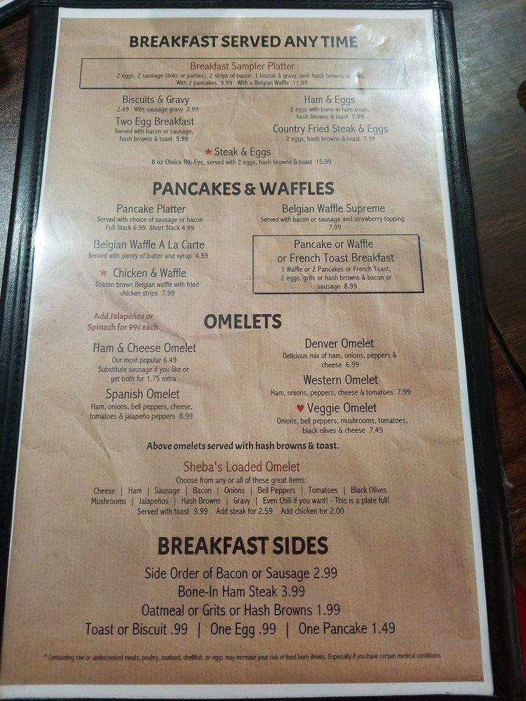 Menu at Sheba's restaurant, Hope