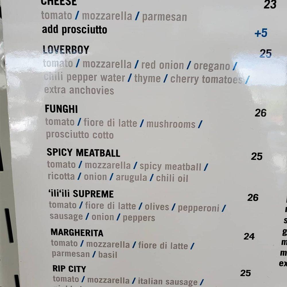 Menu at 'ili'ili Cash & Carry pizzeria, Honolulu