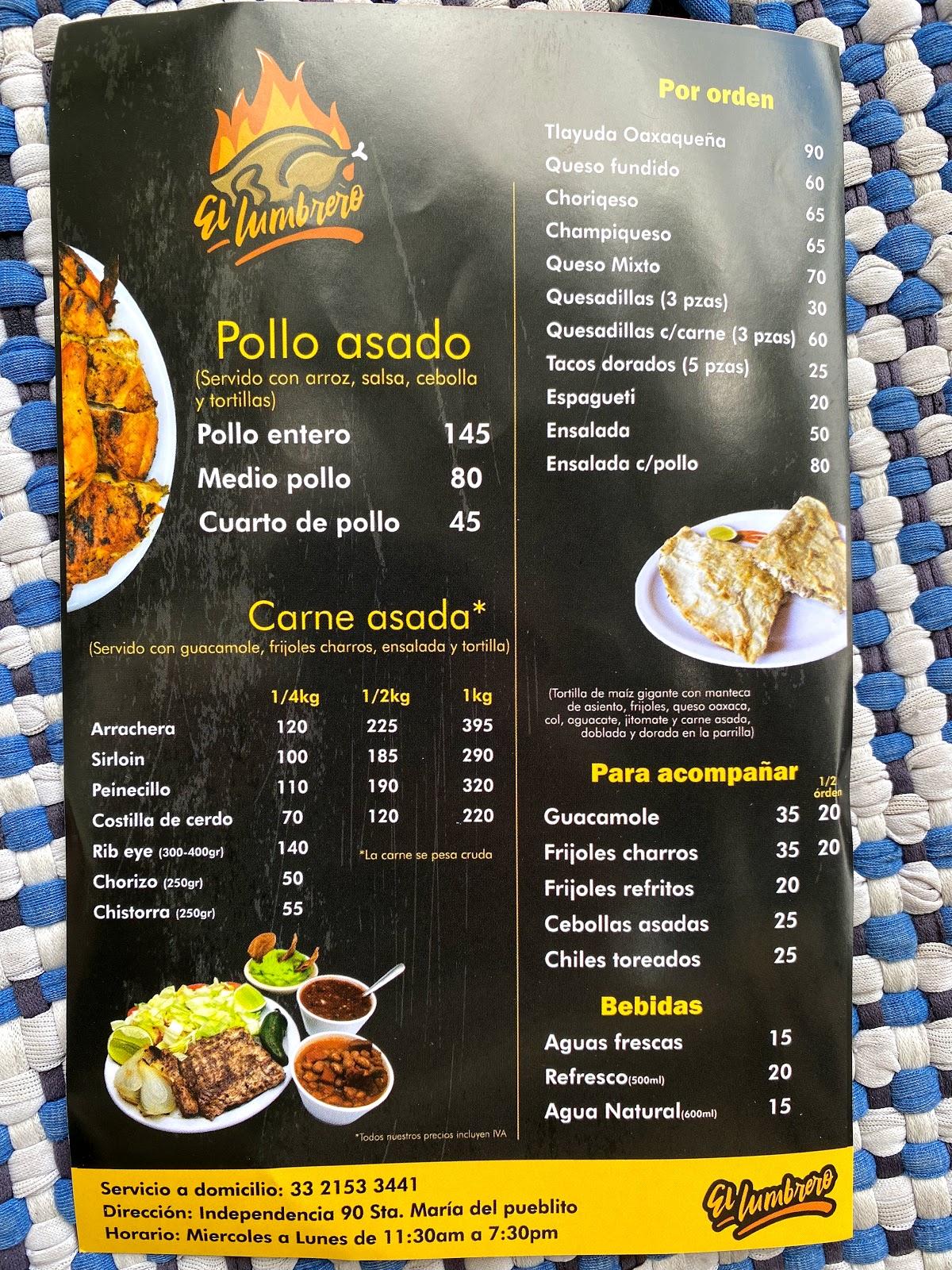 Menu at El Lumbrero restaurant, Zapopan, Independencia 90