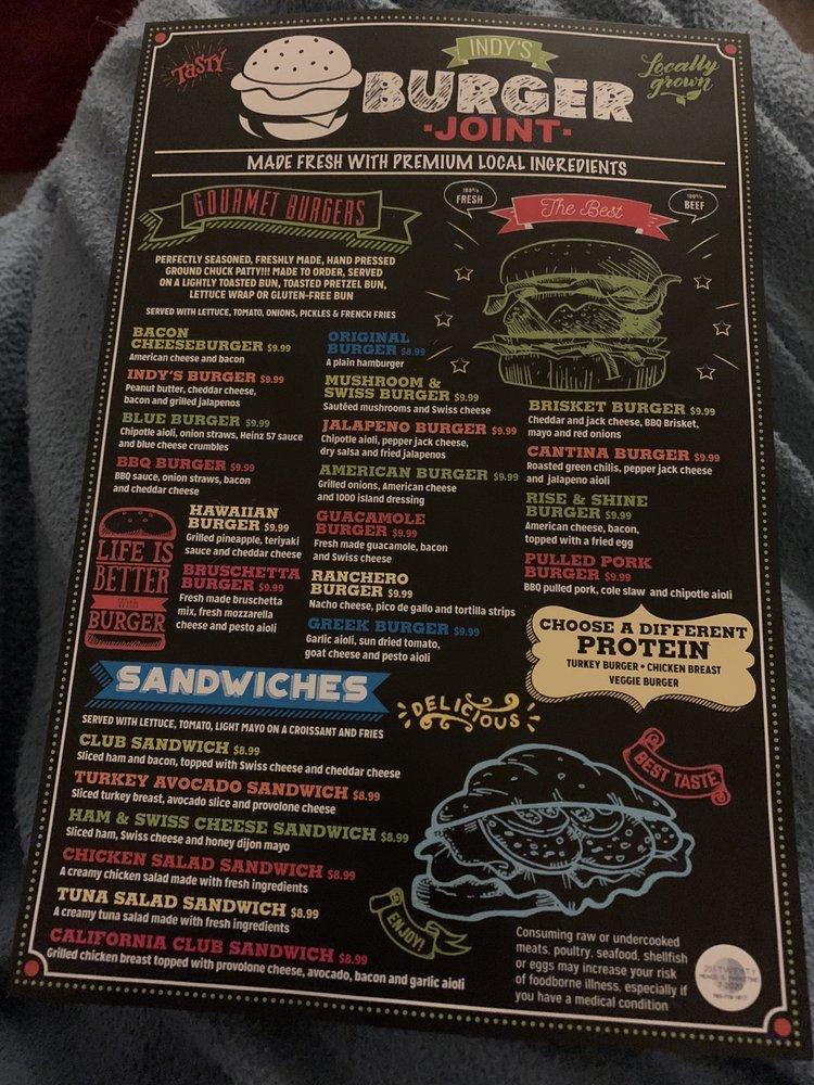Menu at Indy's Burger Joint restaurant, Indianapolis