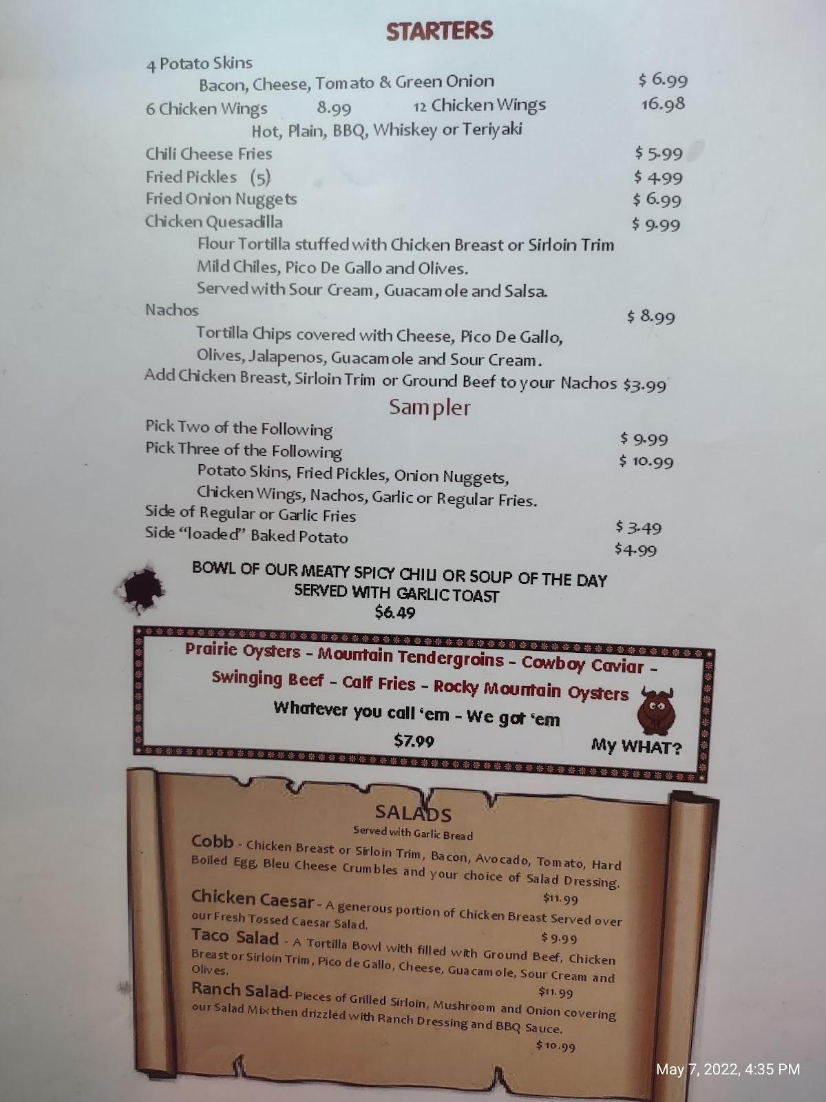 Menu at J D Slinger's Steakhouse, Fallon