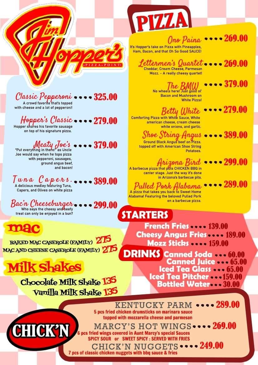 Menu at Jim Hopper's Pizza Point restaurant, Davao City, 602 Macopa