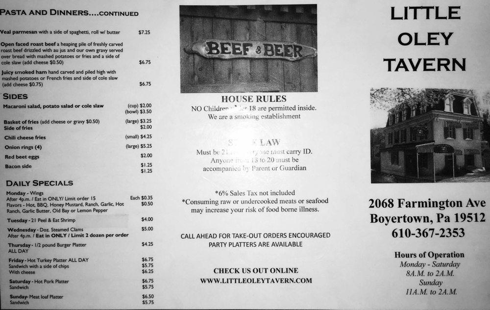 Menu at Little Oley Tavern pub & bar, Boyertown