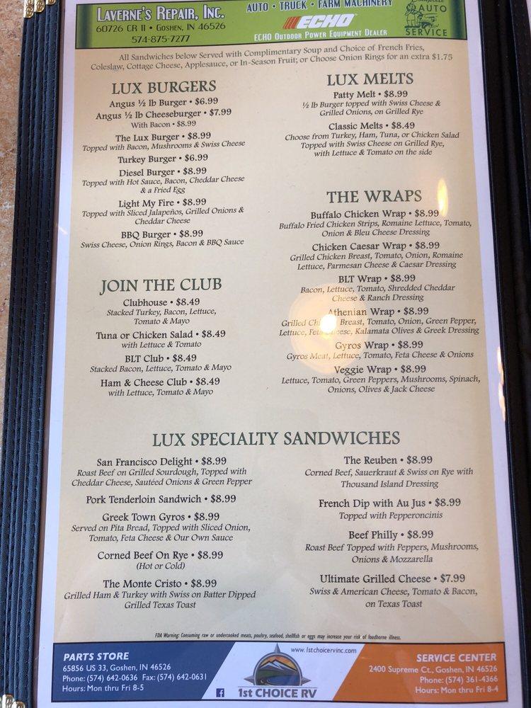 Menu at Lux Cafe, Goshen