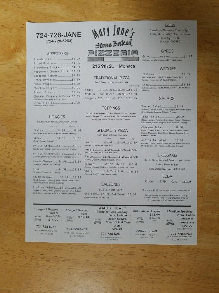 Menu at Mary Jane's Stone Baked Pizzeria, Monaca