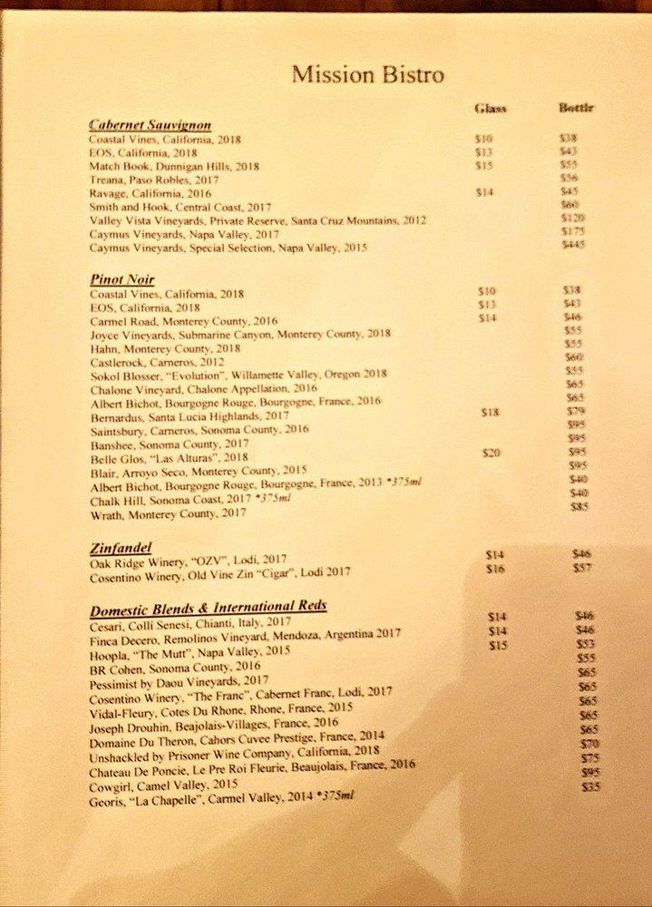 Menu at Mission Bistro steakhouse, Carmel-by-the-Sea