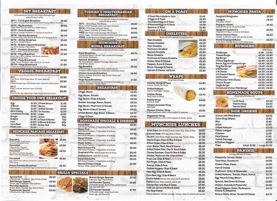Menu at Munchies cafe, Erith, 228 Bexley Rd