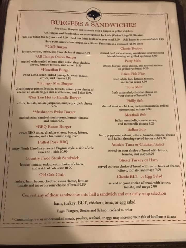 Menu at Old Oak Cafe, Westlake Corner