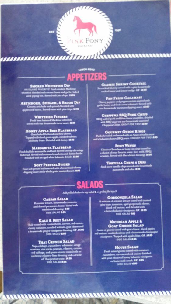 Menu at Pink Pony pub & bar, Mackinac Island
