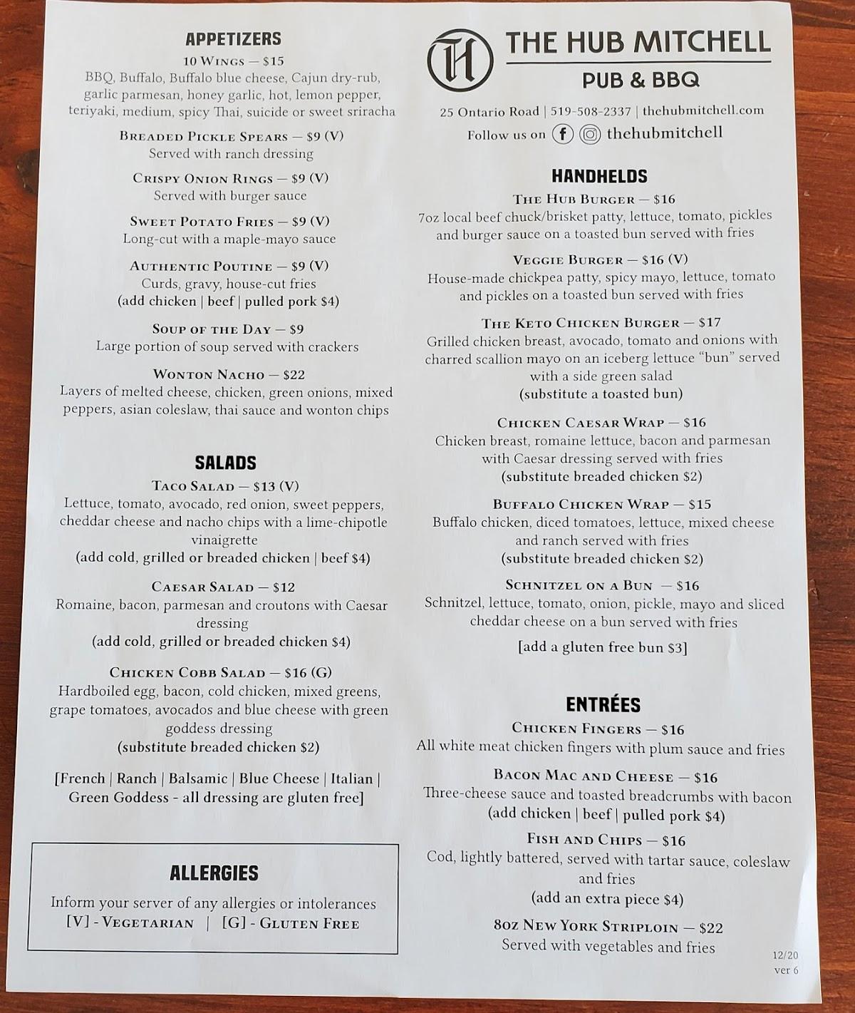 Menu at The Hub Mitchell restaurant, Mitchell
