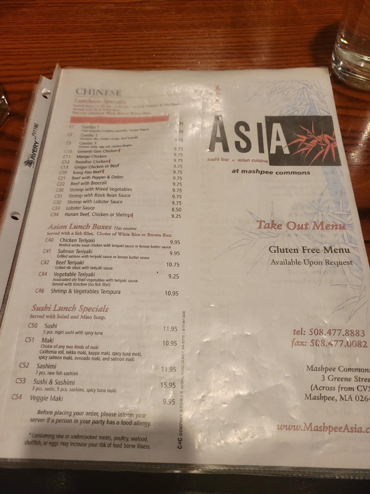 Menu at Asia restaurant, Mashpee