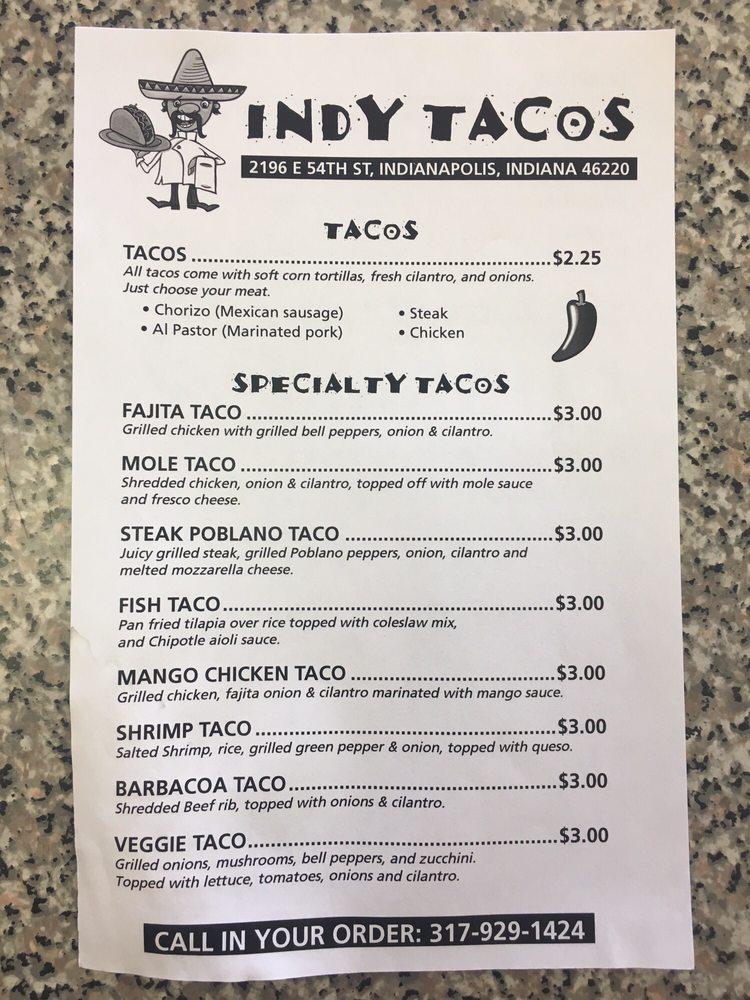 Menu at Indy Tacos restaurant, Indianapolis