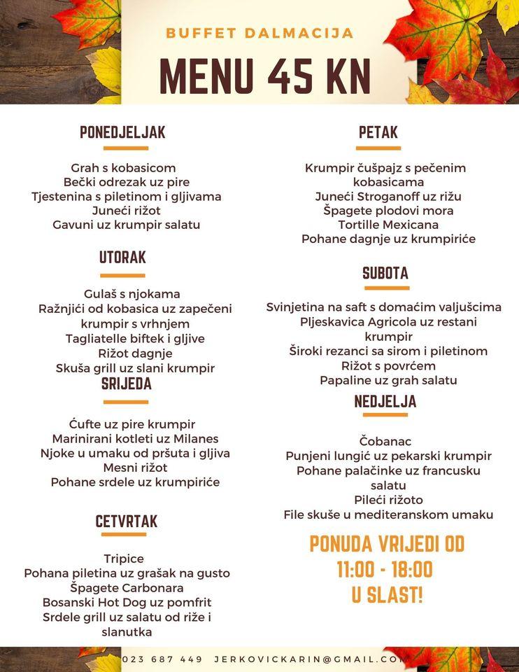 Menu at Restoran Dalmacija restaurant, Karin Gornji