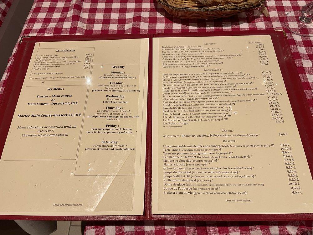 Carta del restaurante L’Auberge Aveyronnaise, Paris